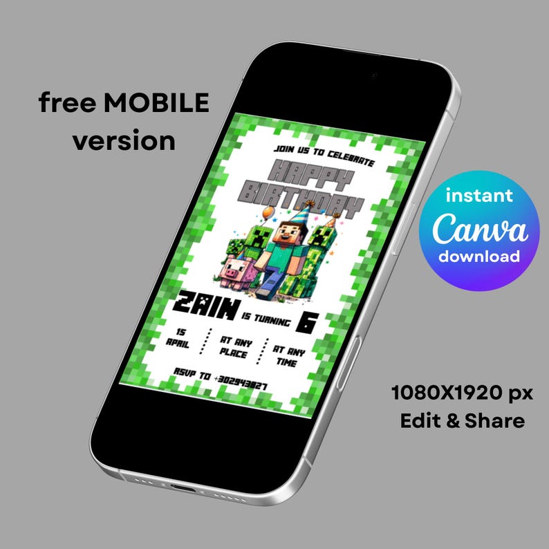 Editable Minecraft Birthday Invitation, Editable Canva - Etsy