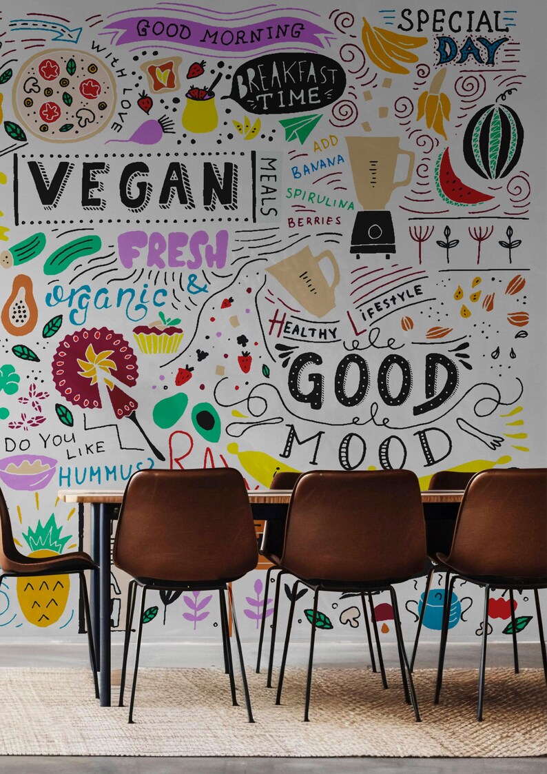 Kitchen Wall Mural, Colorful Food Illustration Wallpaper, Cafe ...