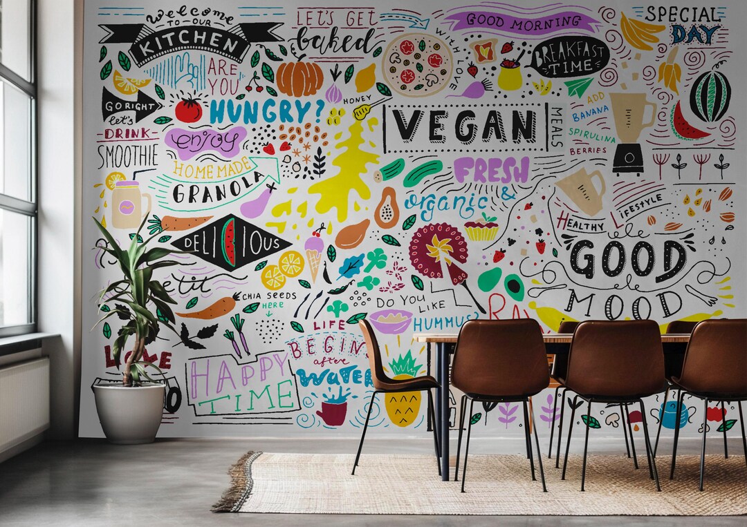Organic Food Wall Mural – Colorful Vegan Kitchen Design - Etsy