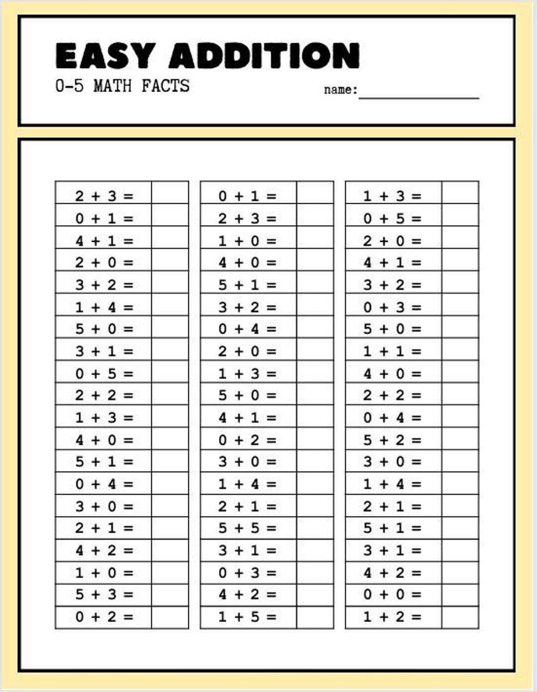 Addition 0-5 Math Worksheet for Early Learning - Etsy