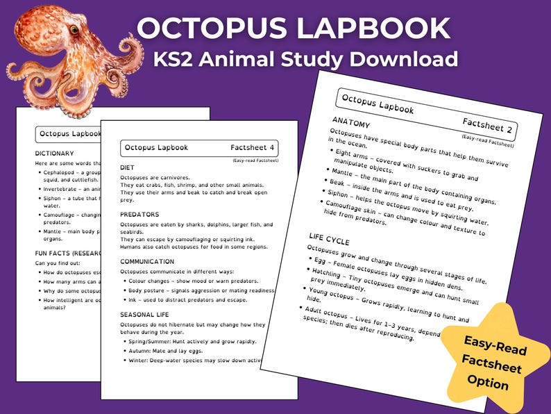 Octopus Lapbook KS2 | Animal Science | Printable | Easy-read Factsheets ...