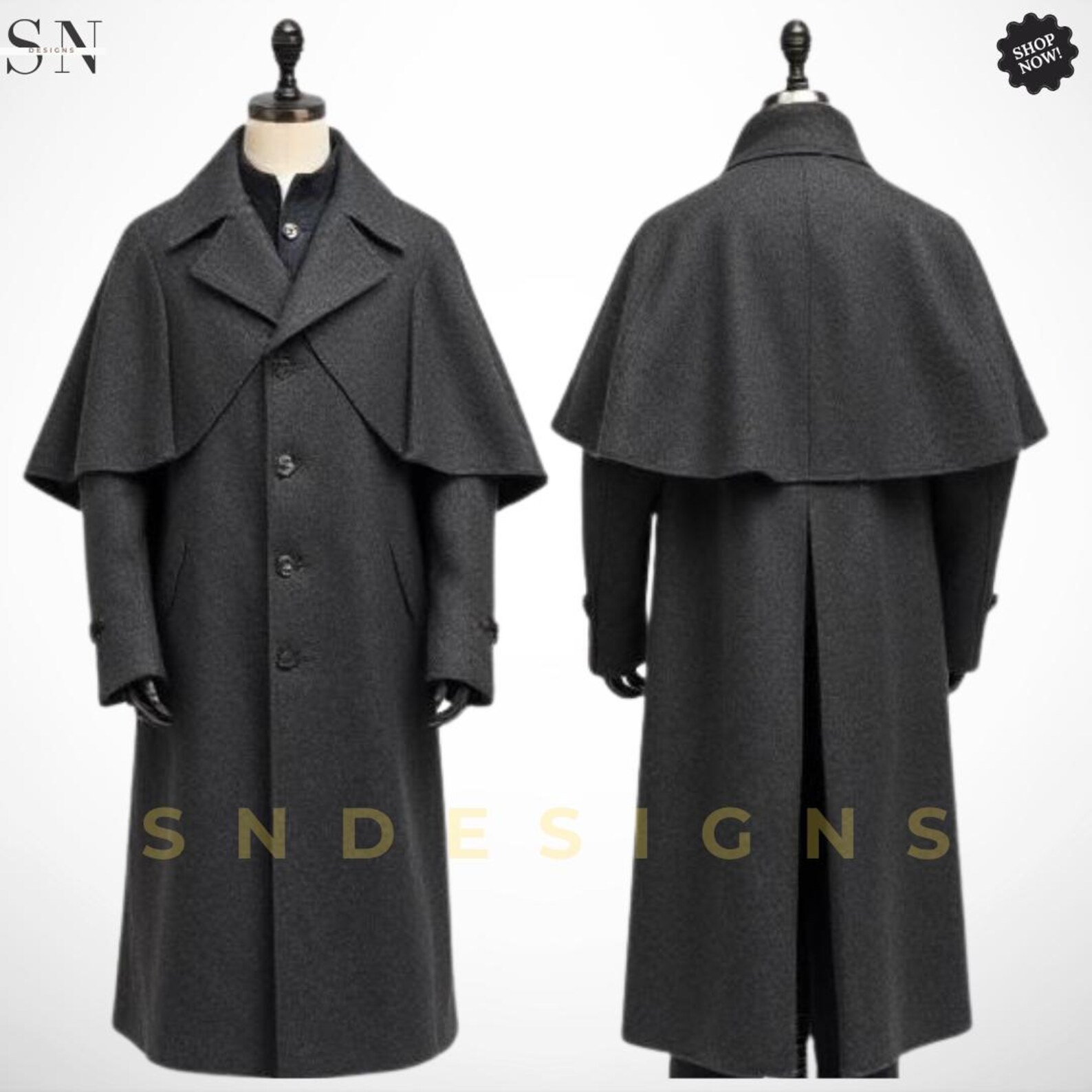 Mens Inverness Cape Cloak Victorian Gothic Steampunk Wool Blend ...