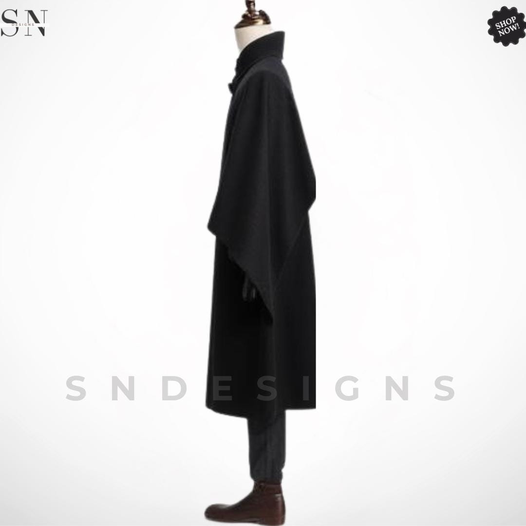 Mens Black Wool Cape Coat: Victorian Long Trench Overcoat With Hood - Etsy