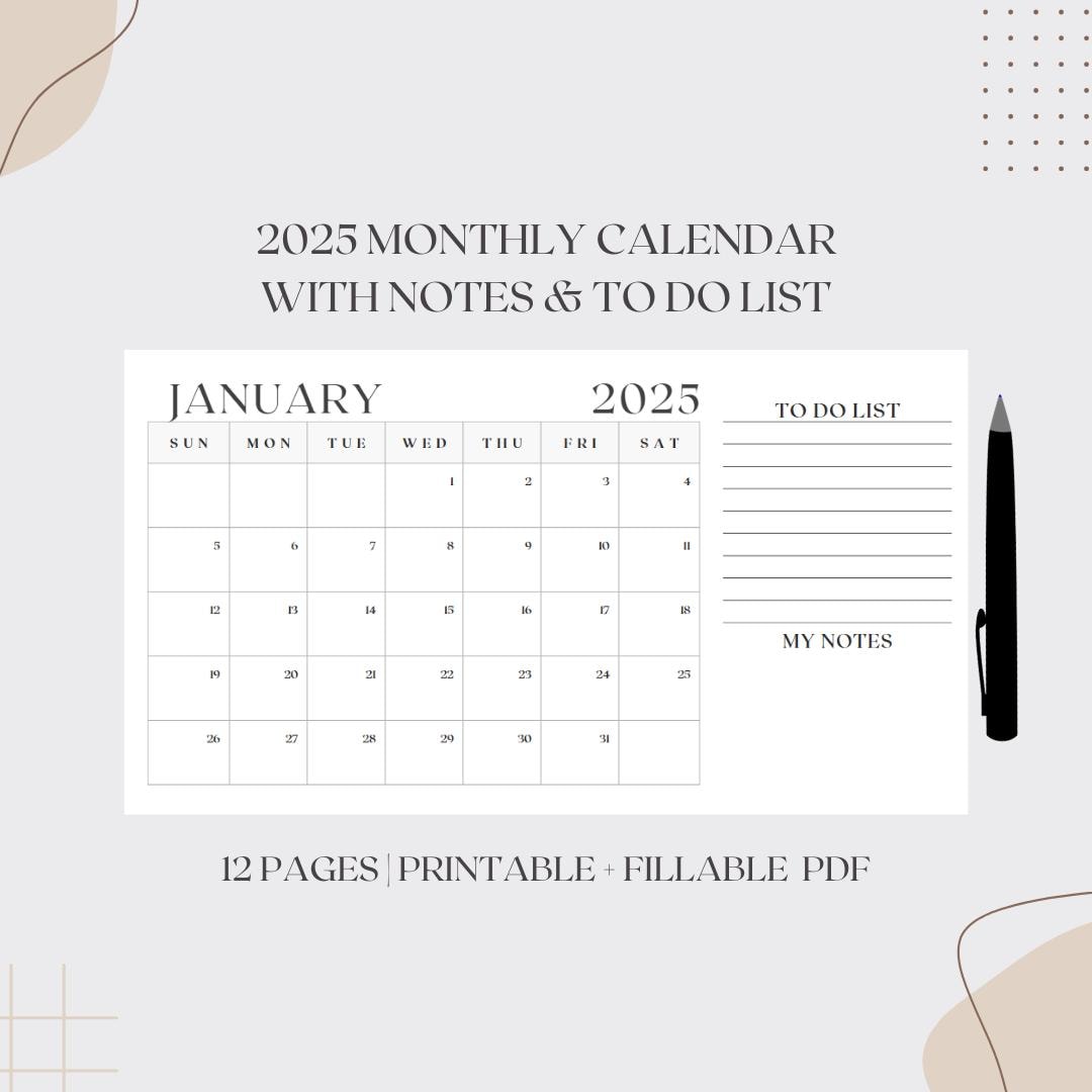 2025 Monthly Calendar With Notes and to Do List, Printable Calendar ...