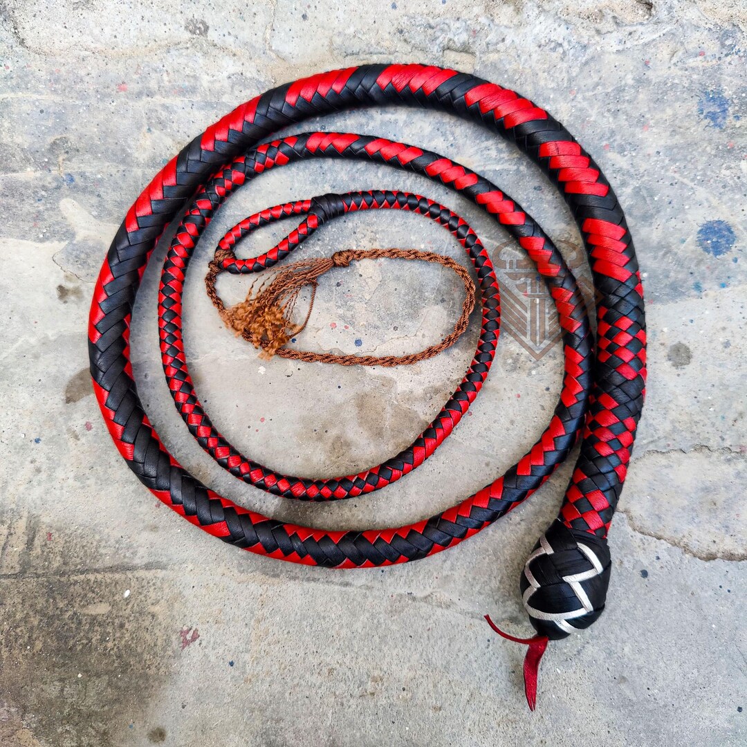 4ft to 12ft Red & Black Shots Loaded Goat Veg-tanned Leather Snake Whip, 12/16 Plait ...