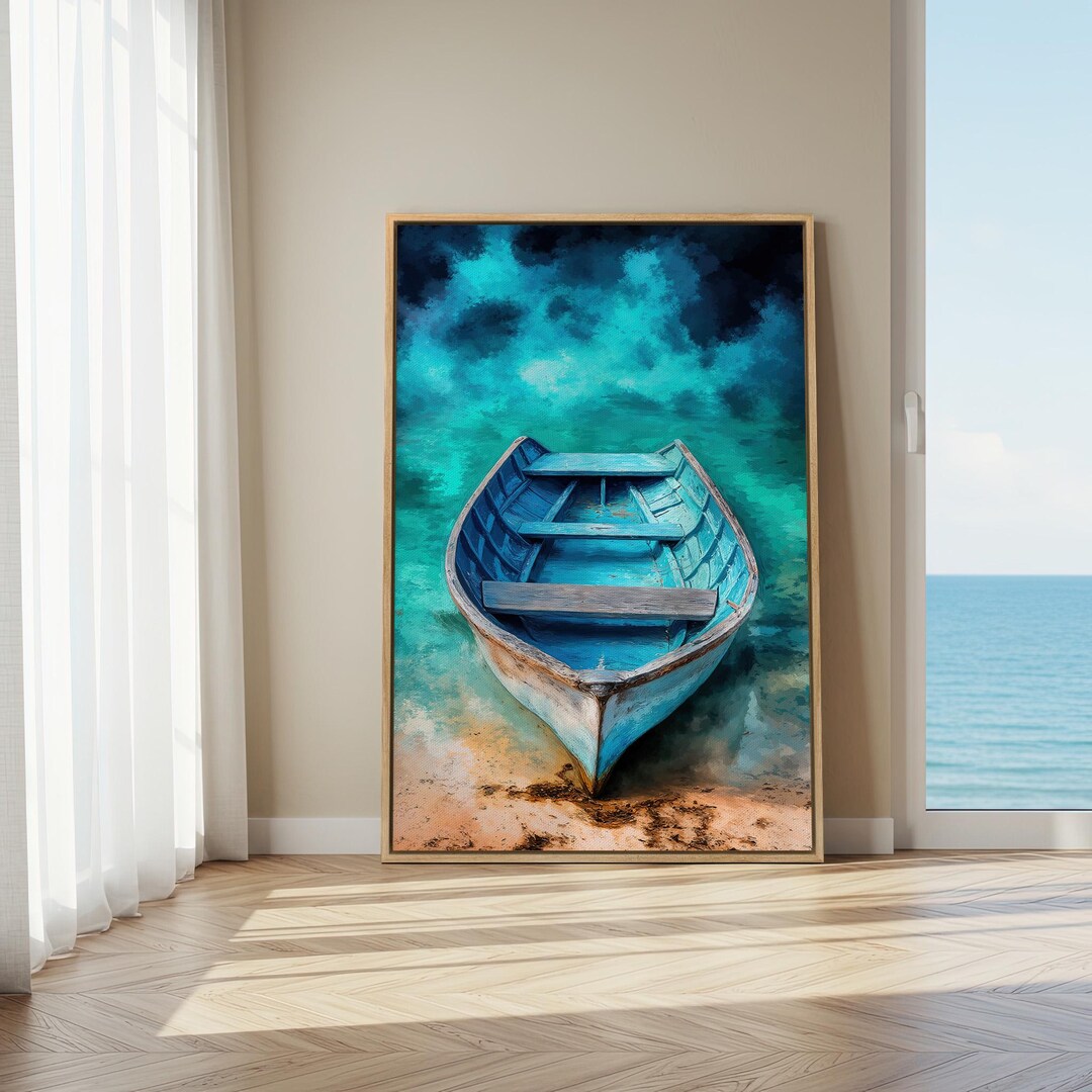 Coastal Rowboat Scene - Nautical Themed Framed Canvas Print, Vibrant ...