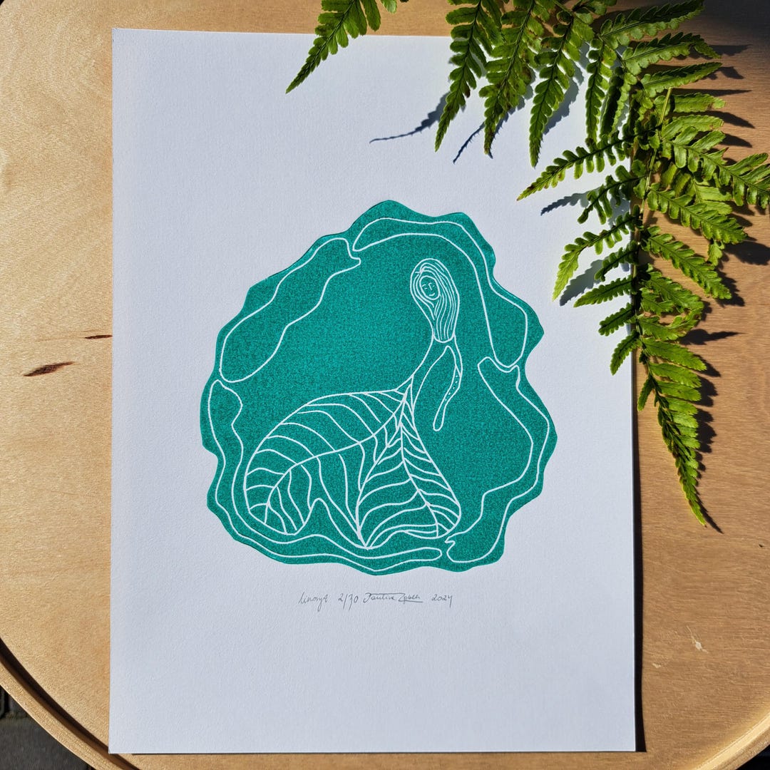 Leaf Lady, Linocut, Hand-pulled Linocut, Green, Ethnic, Fantasy ...