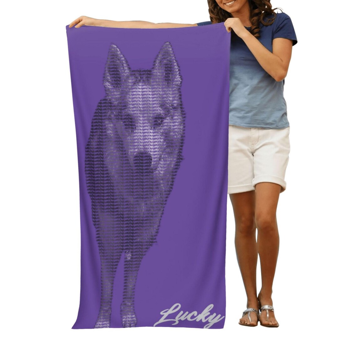 Custom Text Art Portrait of Dog or Cat Beach Towel, Pet Name Beach ...