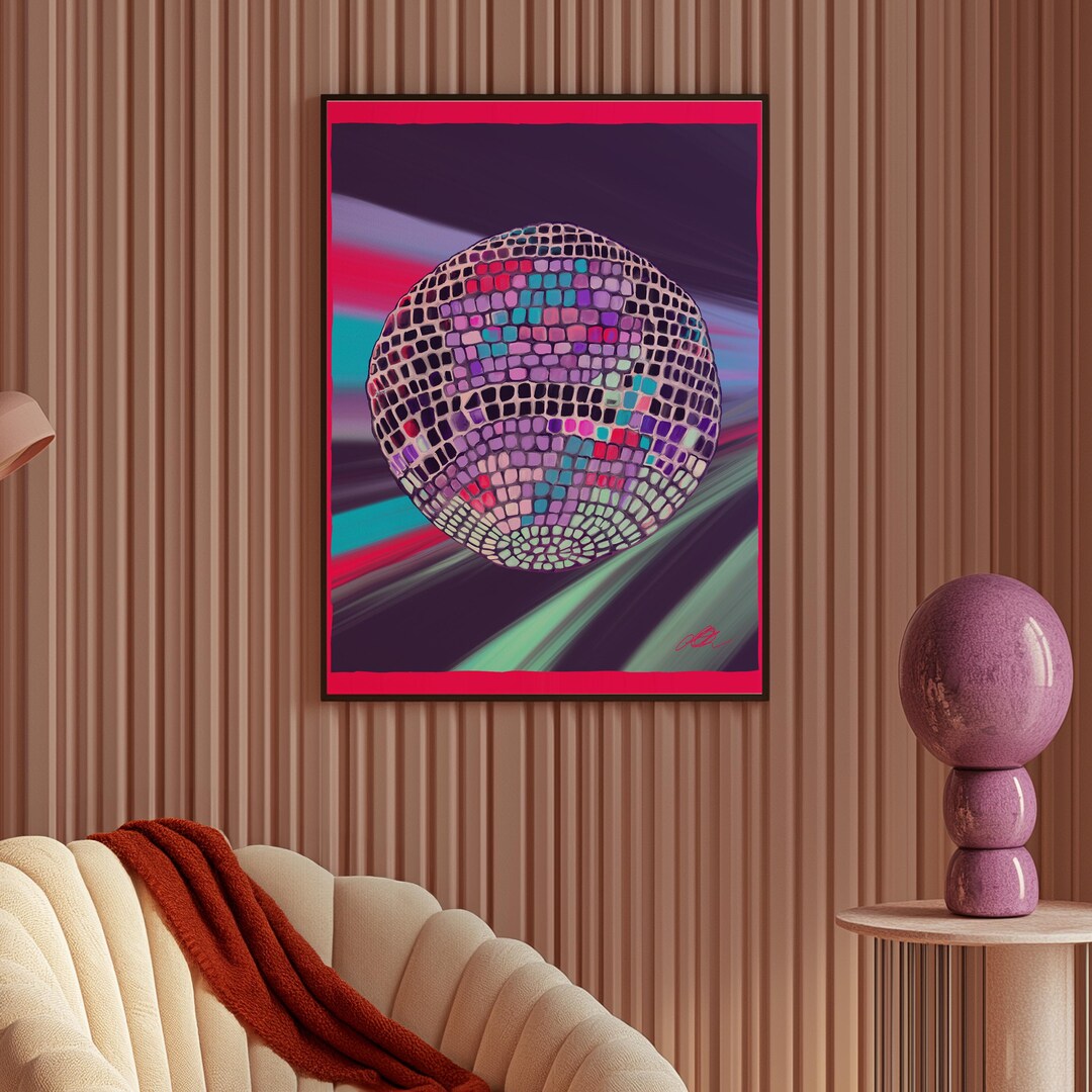 Disco Fever – Hand-drawn Disco Ball Art Print With Magenta Border - Etsy