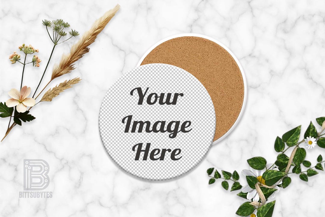 Round Coaster Mockup, White Ceramic With Cork Backing, Transparent ...