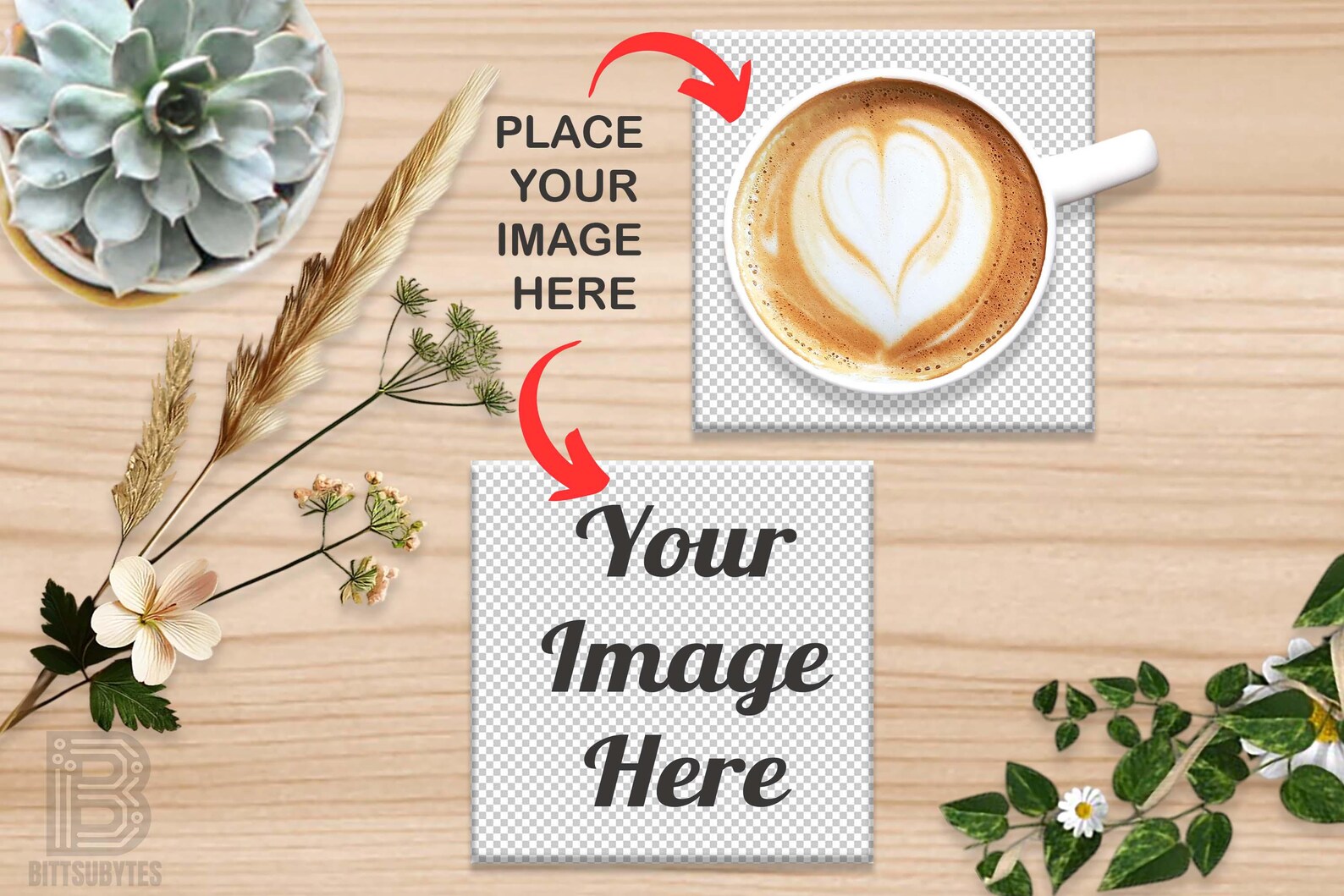 Square Coaster Mockup With Cup of Coffee – 2 Transparent Placeholders ...