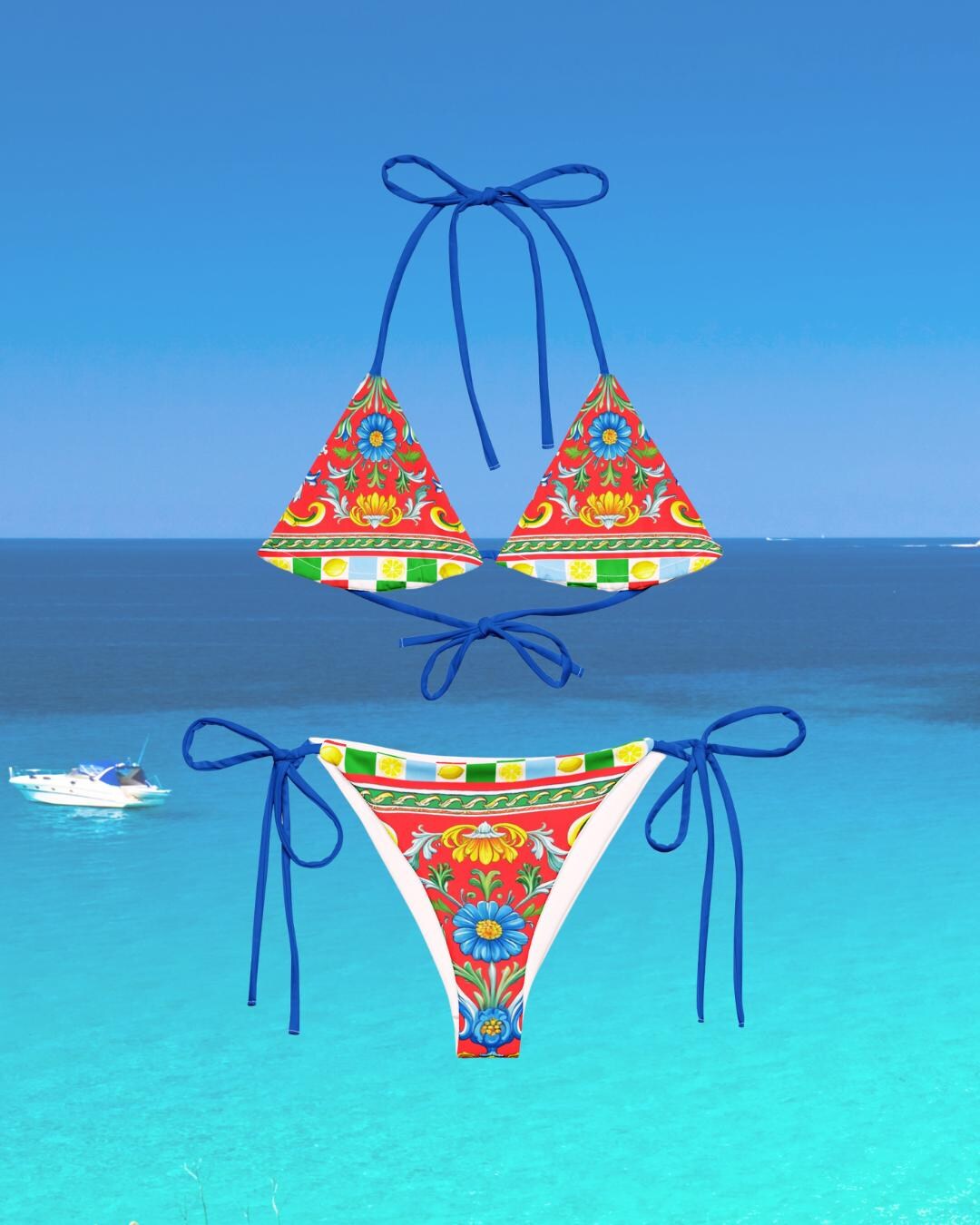 Sicilian Maiolica Print Triangle Bikini, Sicily Inspired Two-piece ...