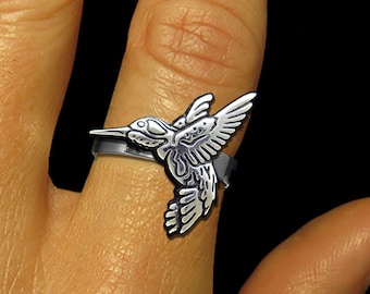 Sterling Silver Botanical Hummingbird Flower Nature Women Girls Wide Band Ring - Etsy