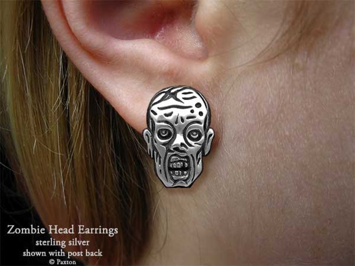 Zombie Head Earrings Sterling Silver Hand Carved & Cast Fish Hook or ...