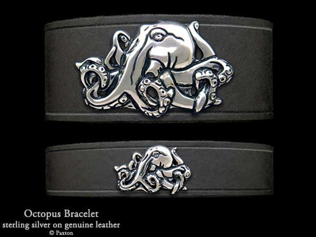 Octopus Leather Bracelet Sterling Silver Octopus on Leather Bracelet - Etsy