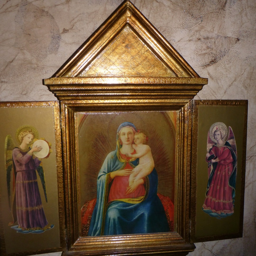 Vintage Extra Lg Religious Fra.angelico the Virgin&child Old Italian Florentine Triptych.23 ...