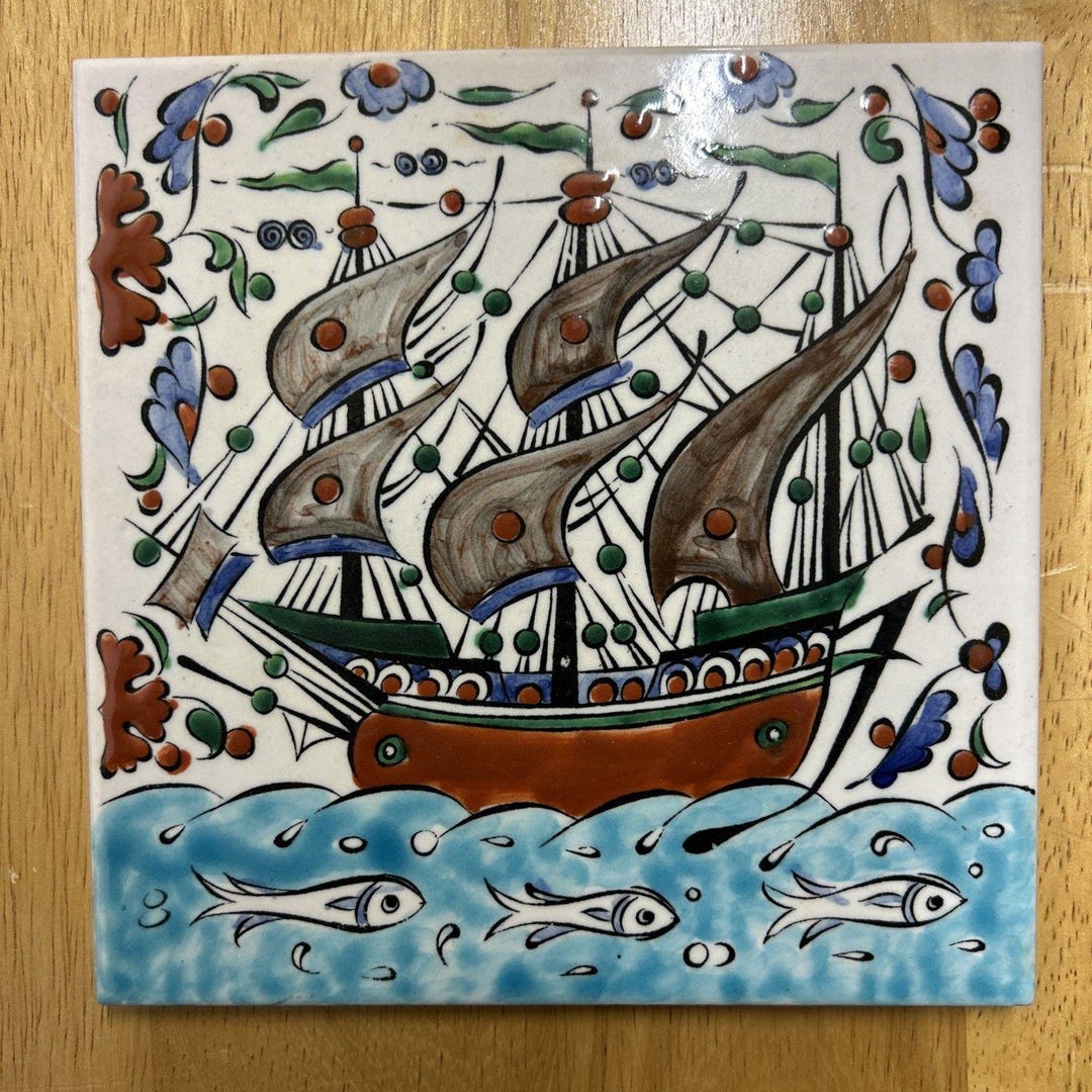 Vintage Greek Ceramic Tile Wall Art: Handmade Ship & Fish (6"x6") - Etsy