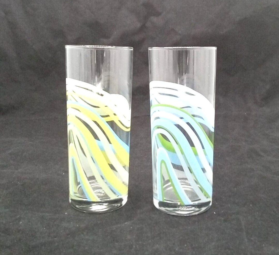 Vintage Ocean Highball Drinking Glass Groovy Retro Stripe Thailand Set ...