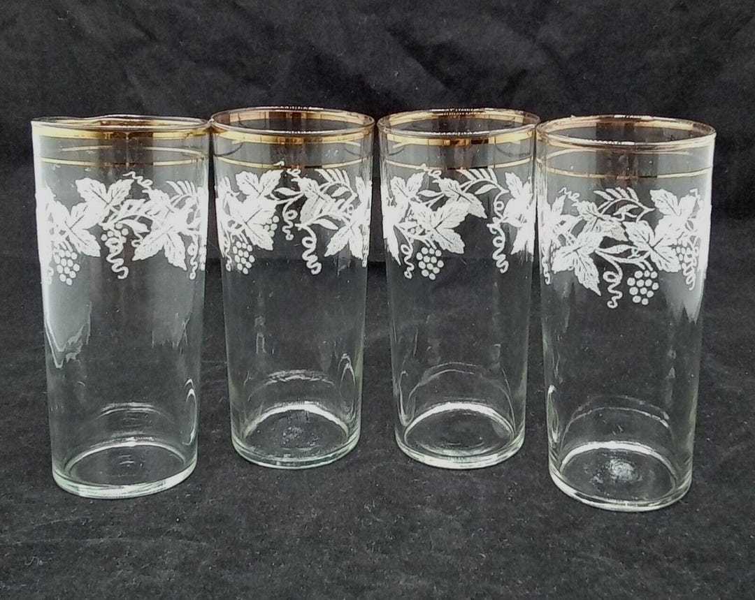Bartlett Collins Grape Leaf Etched Highball Glass Gold Rim Grapevine ...
