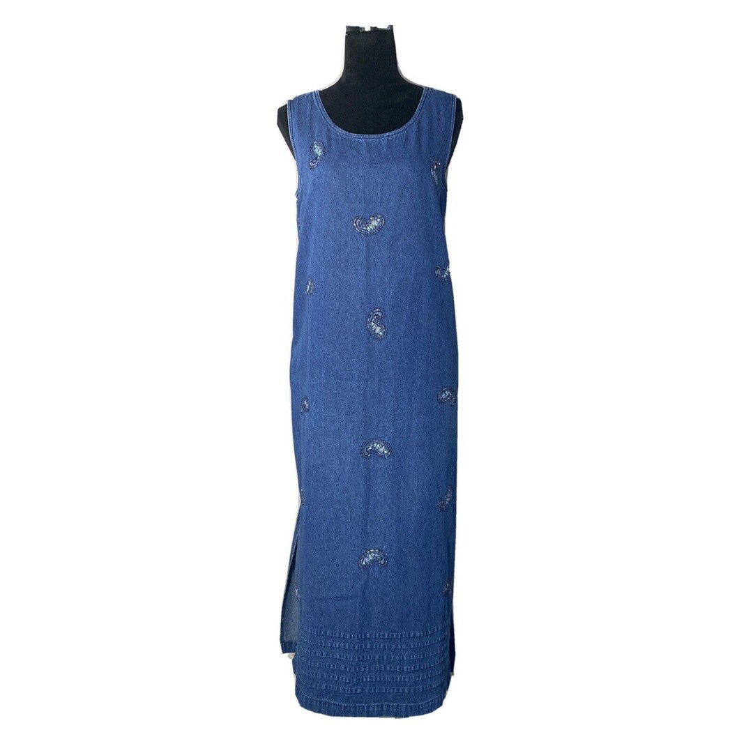 Jane Ashley Dress M L Denim Cottage Core Bead Paisley Jumper Embroider ...