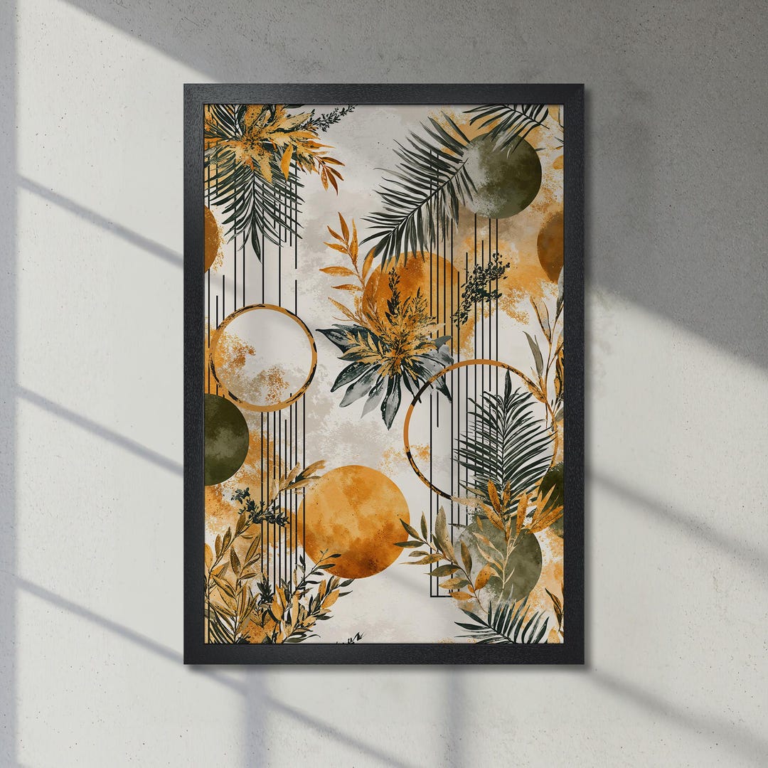 Framed Botanical Art Print: Abstract Tropical Leaves, Geometric Circles ...