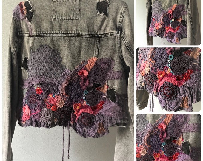 Upcycled Distressed Jean Jacket Hand Stitched With Unique One of the ...