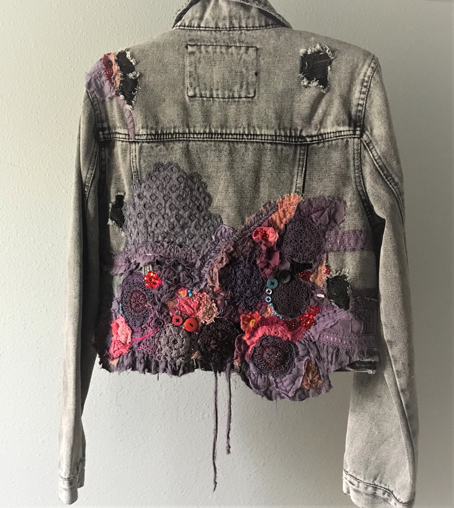 Upcycled Distressed Jean Jacket Hand Stitched With Unique One - Etsy
