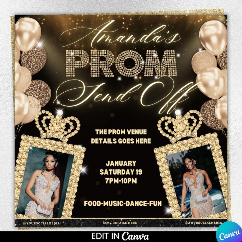 Prom Send off Flyer, Prom Queen Flyer, Black and Gold Glitter, Prom ...