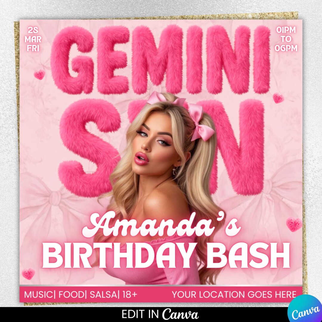 Gemini Birthday Flyer, Pink Birthday Template, Coquette Birthday Girl ...