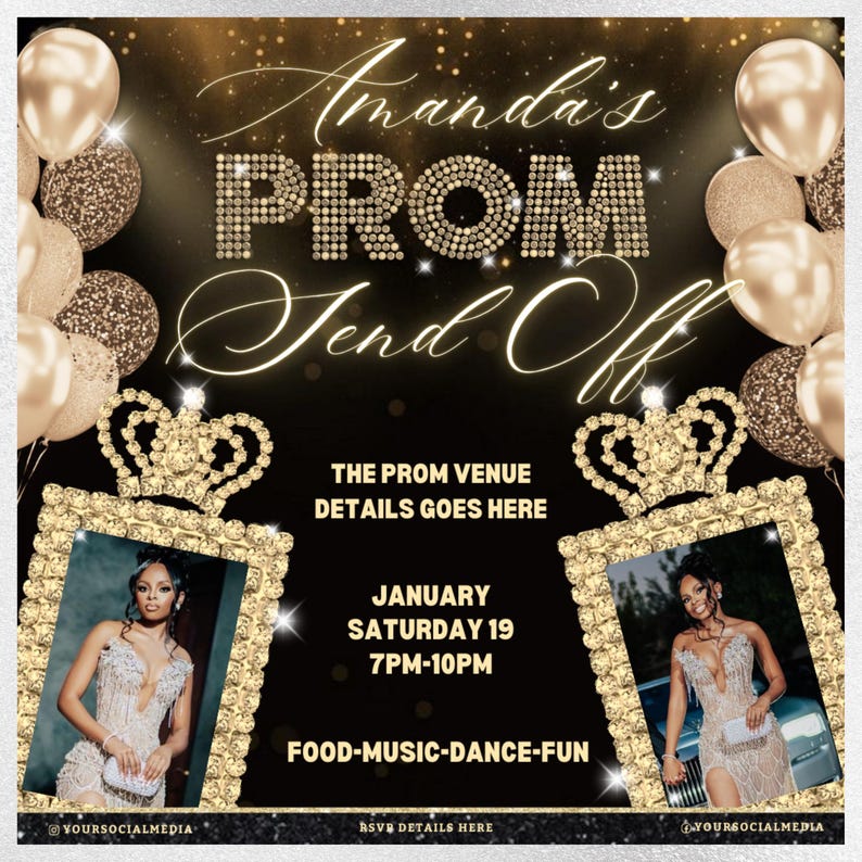 Prom Send off Flyer, Prom Queen Flyer, Black and Gold Glitter, Prom ...