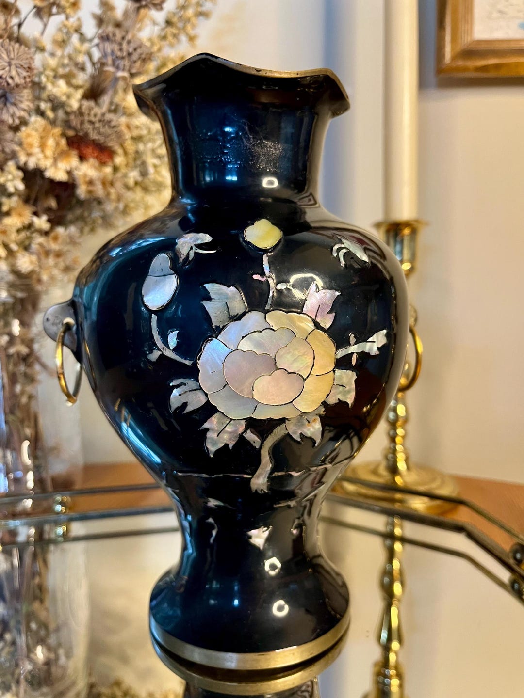 Mother-of-pearl Inlayed Vase | Black Lacquer, Brass, and Pearl Vase ...