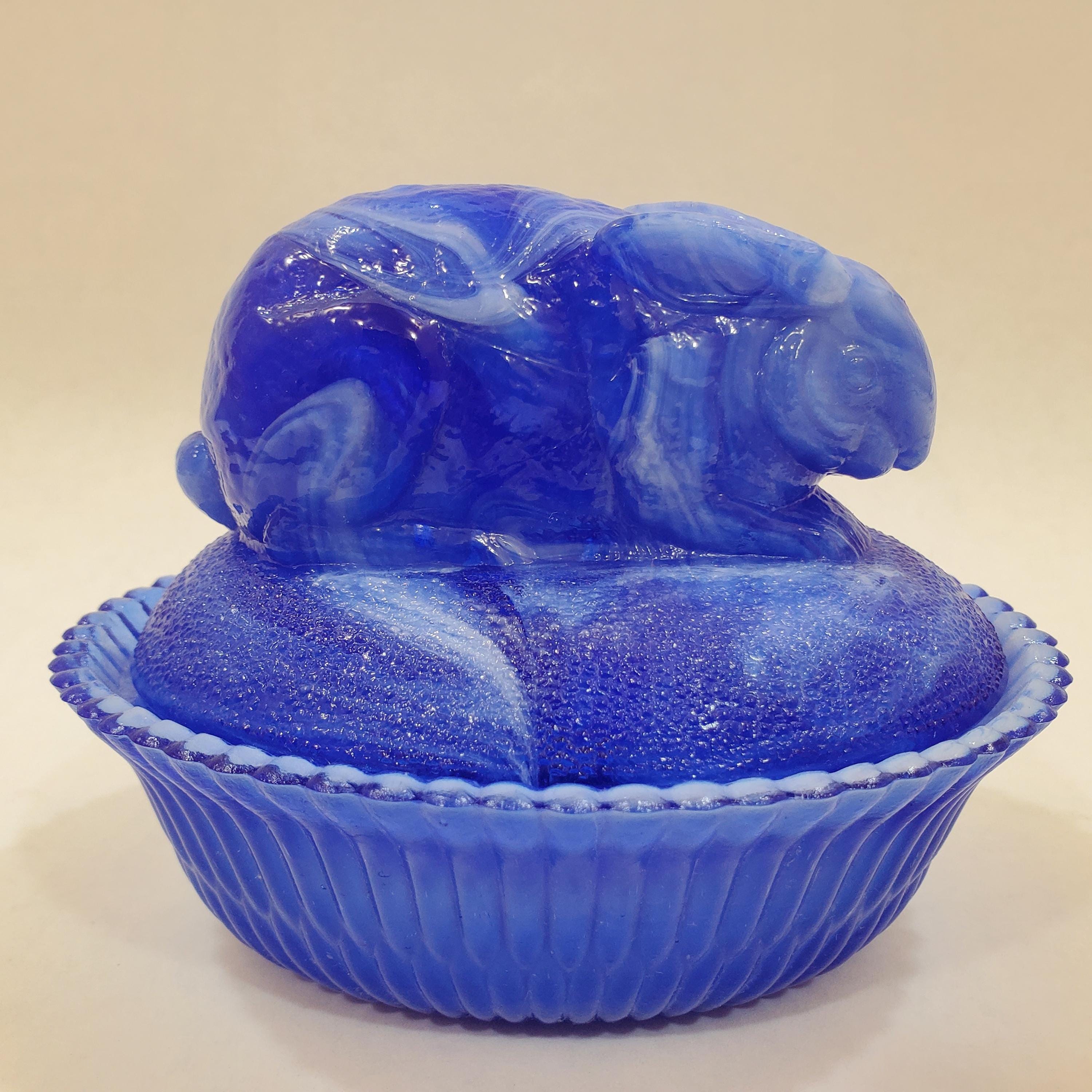 Vintage Cobalt Blue and White Slag Glass Rabbit on Nest 5.5" Mckee ...