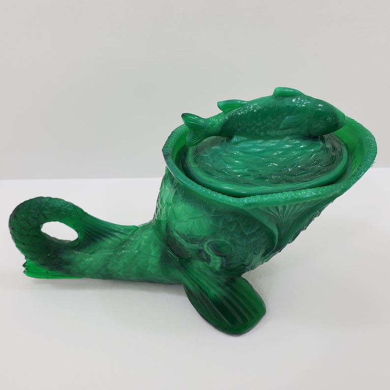 Malachite Green Slag Glass Fish Dolphin Kemple Summit Art Glass Covered ...