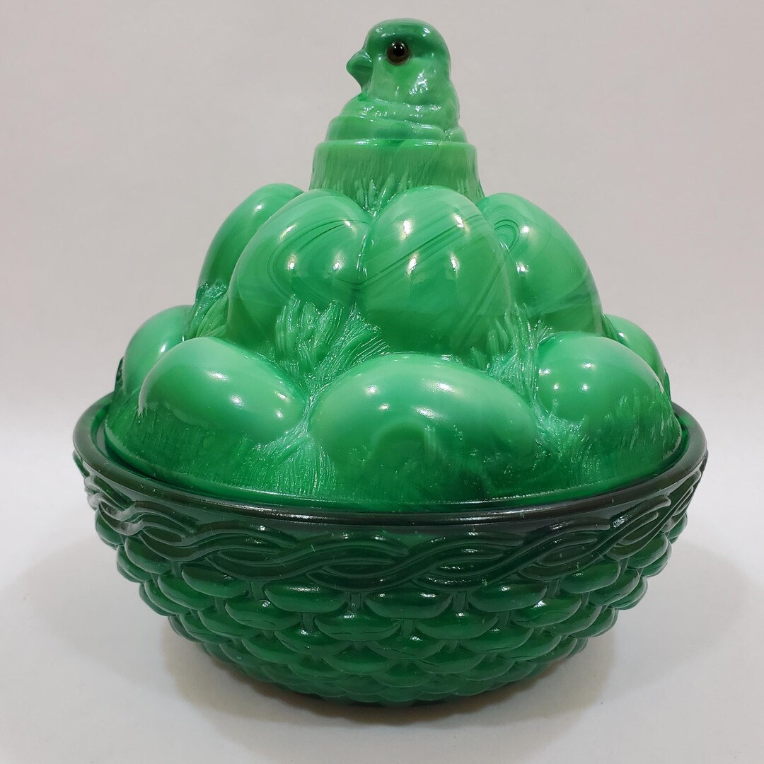 Vintage Dave's Green Slag Glass Chick on Egg Pile Westmoreland Summit ...