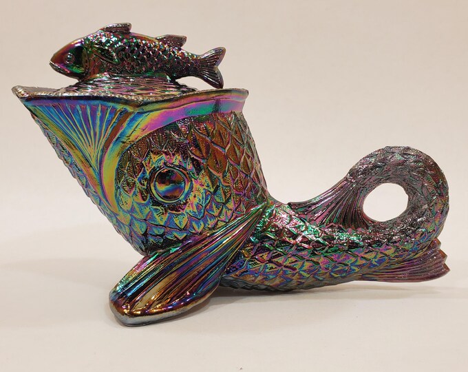 Amethyst Purple Iridescent Carnival Glass Fish Dolphin Kemple Summit ...
