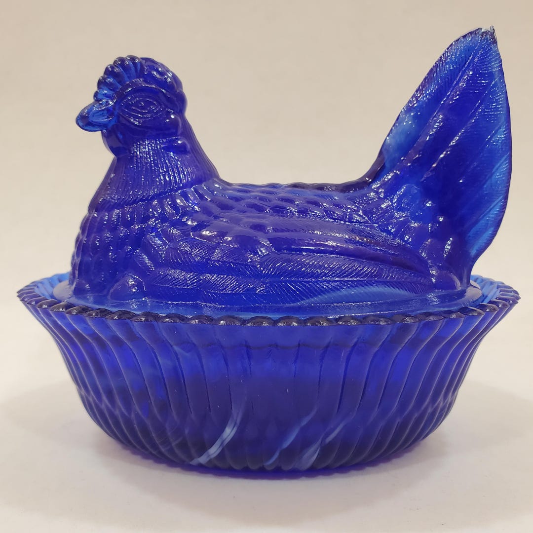 Vintage Cobalt Blue and White Slag Glass Hen on Nest 5.5" Mckee Summit ...
