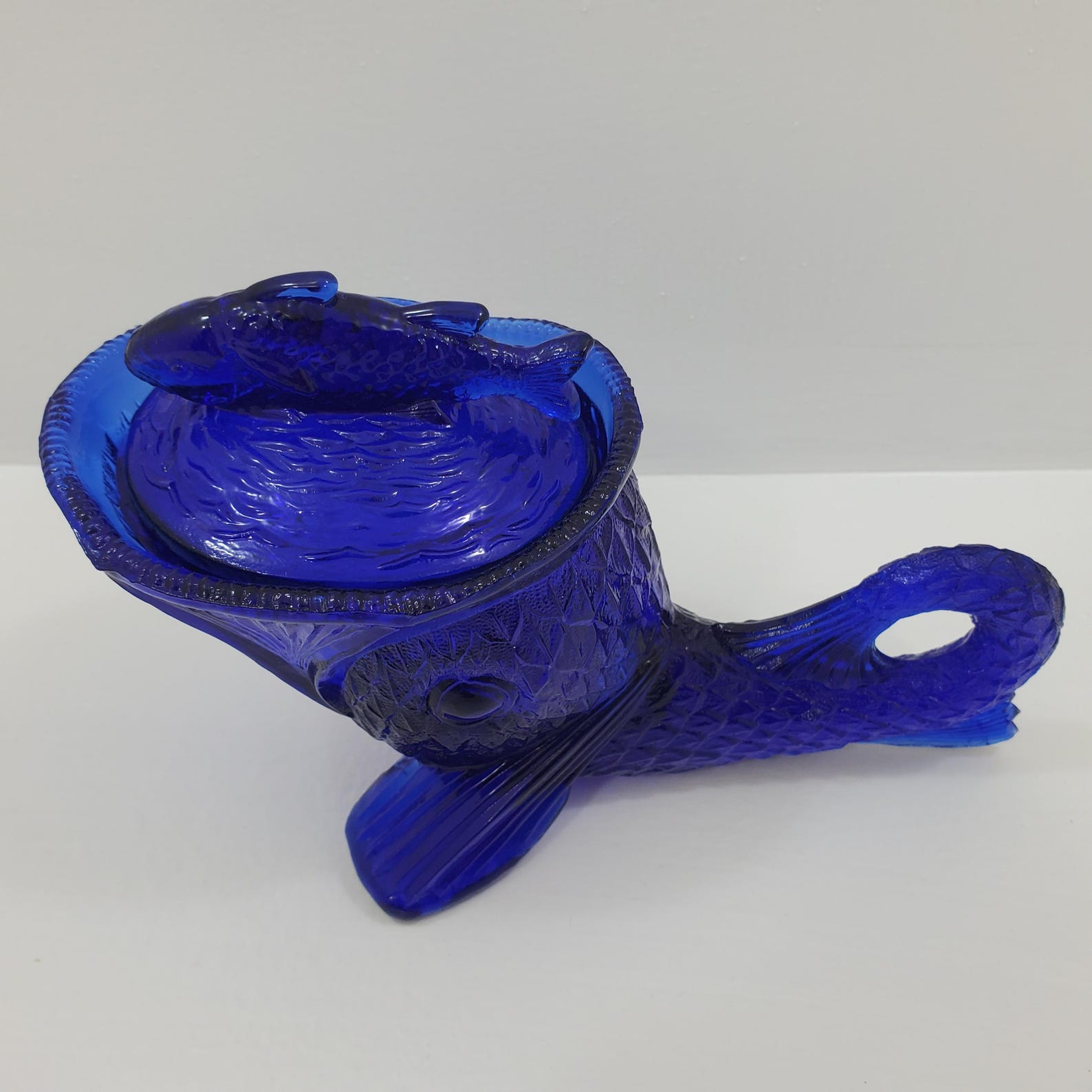 Cobalt Blue Glass Fish Dolphin Kemple Summit Art Glass Covered Dish ...