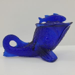 Cobalt Blue Glass Fish Dolphin Kemple Summit Art Glass Covered Dish ...