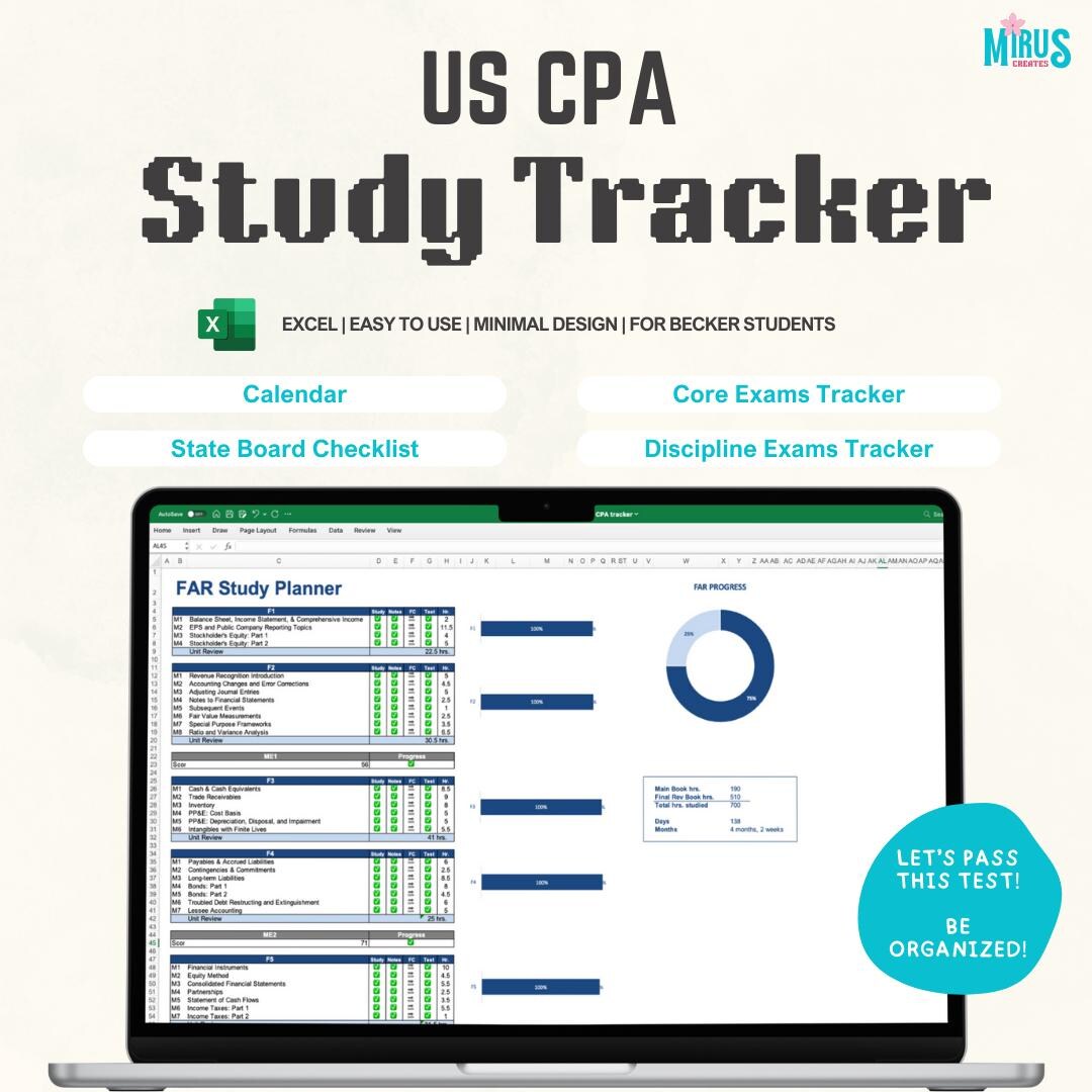 US CPA Study Tracker | Far/aud/reg/tcp/isc/bar Study Planner - Etsy