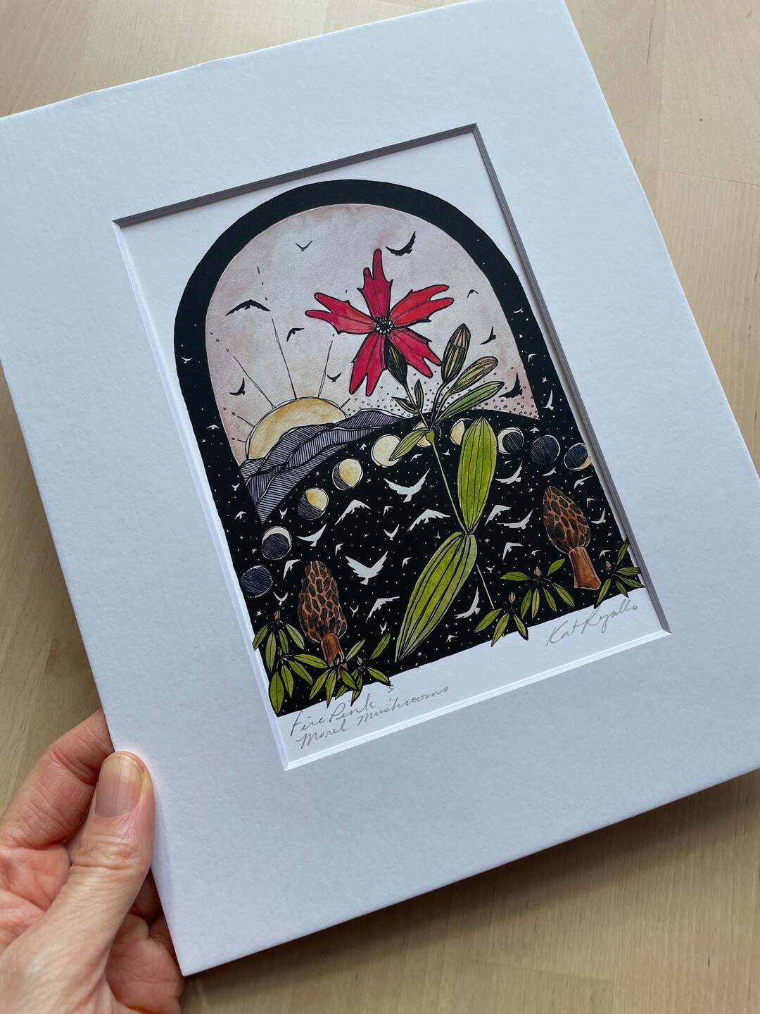 Morel Mushroom, Fire Pink 5x7" With 8x10" Mat , Illustration, Magick ...