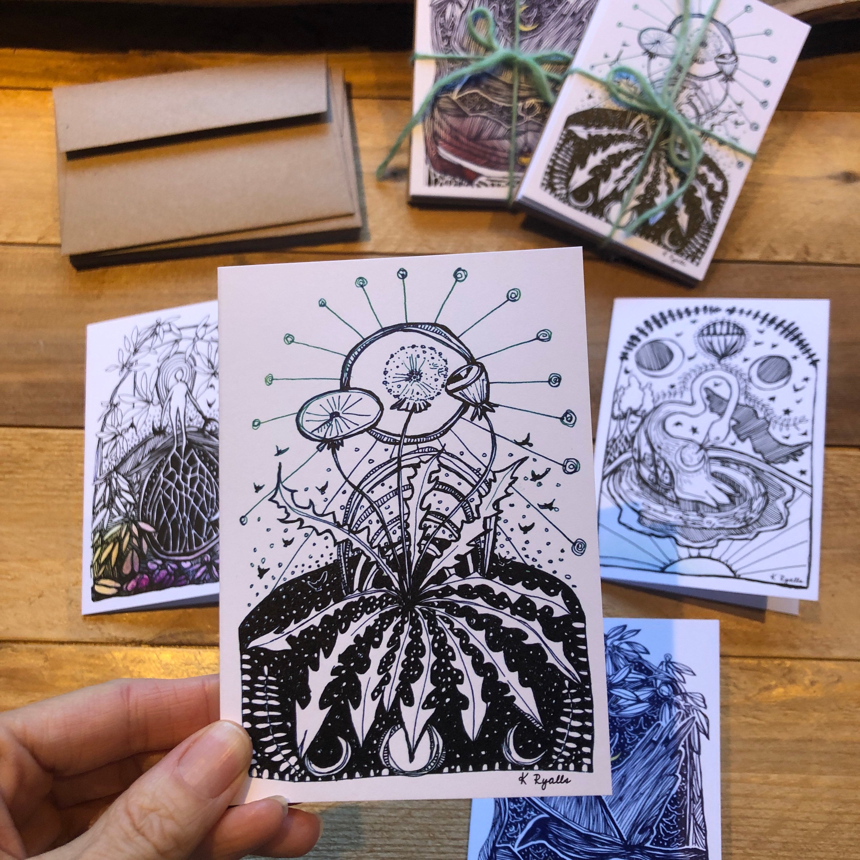 Set of 5 Oracle Note Cards Assorted Illustrated Blank Cards | Etsy