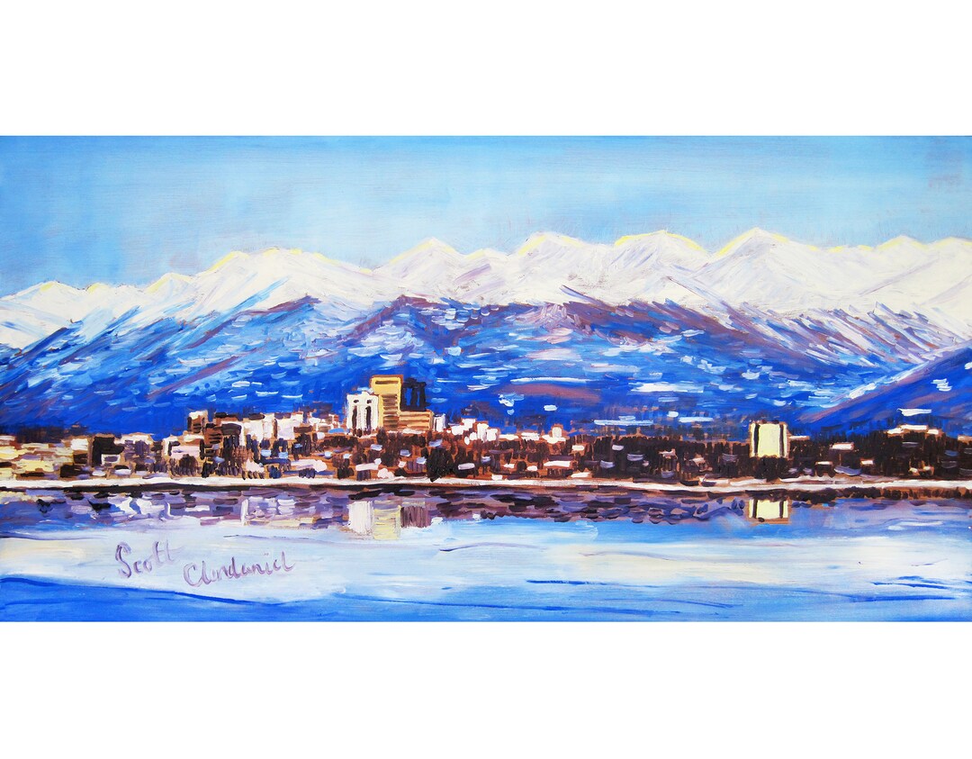 Anchorage Skyline in Spring Living Room Painting, Chugach Mountains Art ...