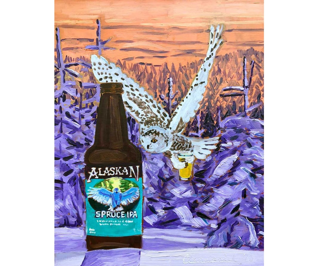 Alaskan Brewing Spruce IPA, White Owl Painting, Animals Drinking Beer, Alaska Beer Art, Alaska ...