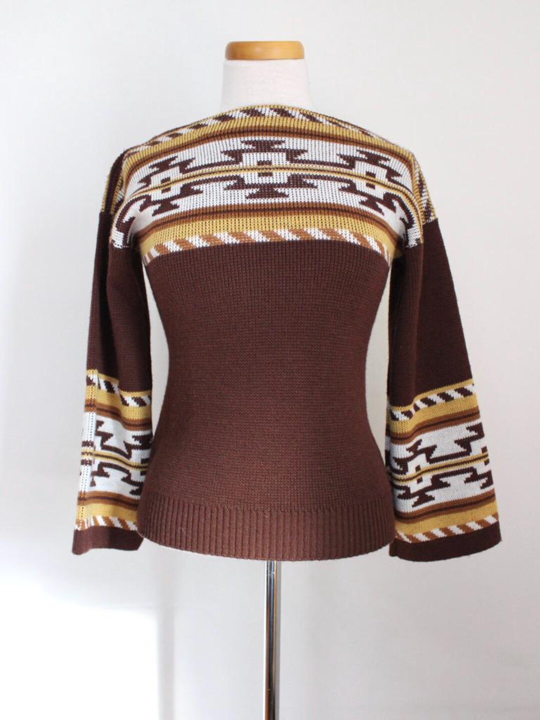 Vintage 1970s Brown Southwest Design Boatneck Knit Sweater With Bell ...