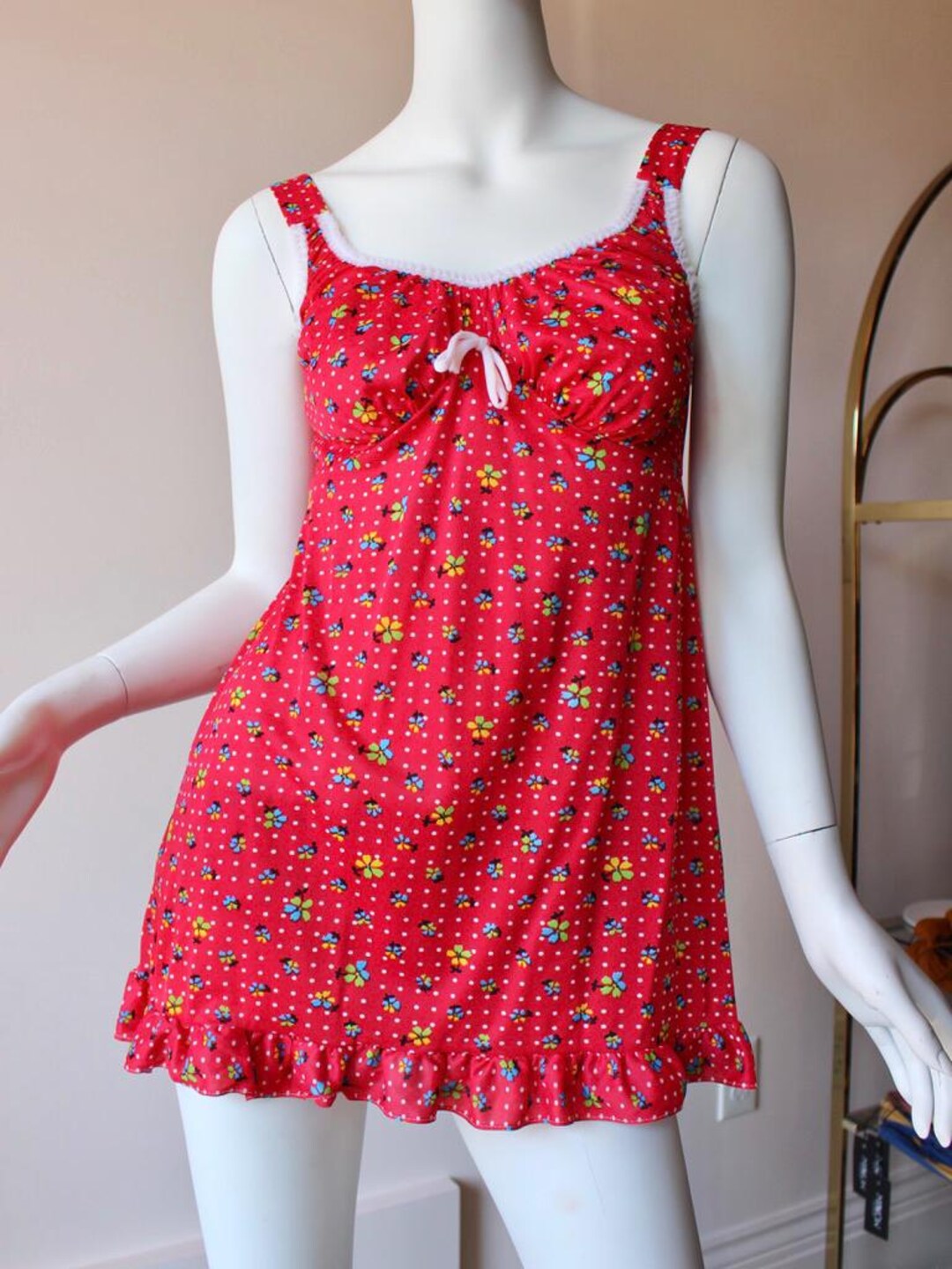 Vintage 60s Slumber Suzy Red Floral Empire Waist Babydoll Lingerie Set ...