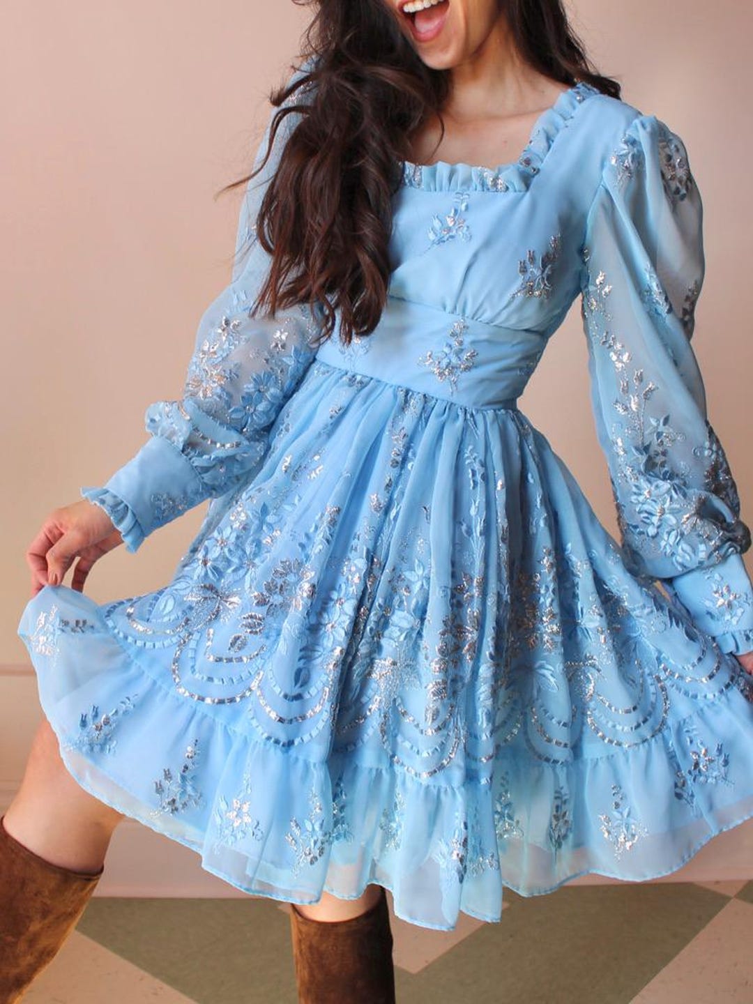 Vintage 1980s Blue and Silver Embroidered Western Dress / Short Square ...