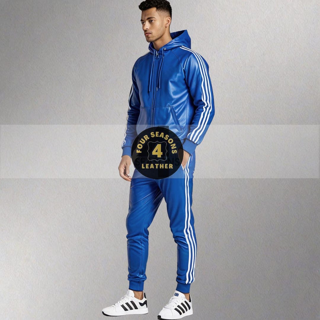 Men's Lambskin Leather Tracksuit: Blue Jogging Sweat Suit - Etsy