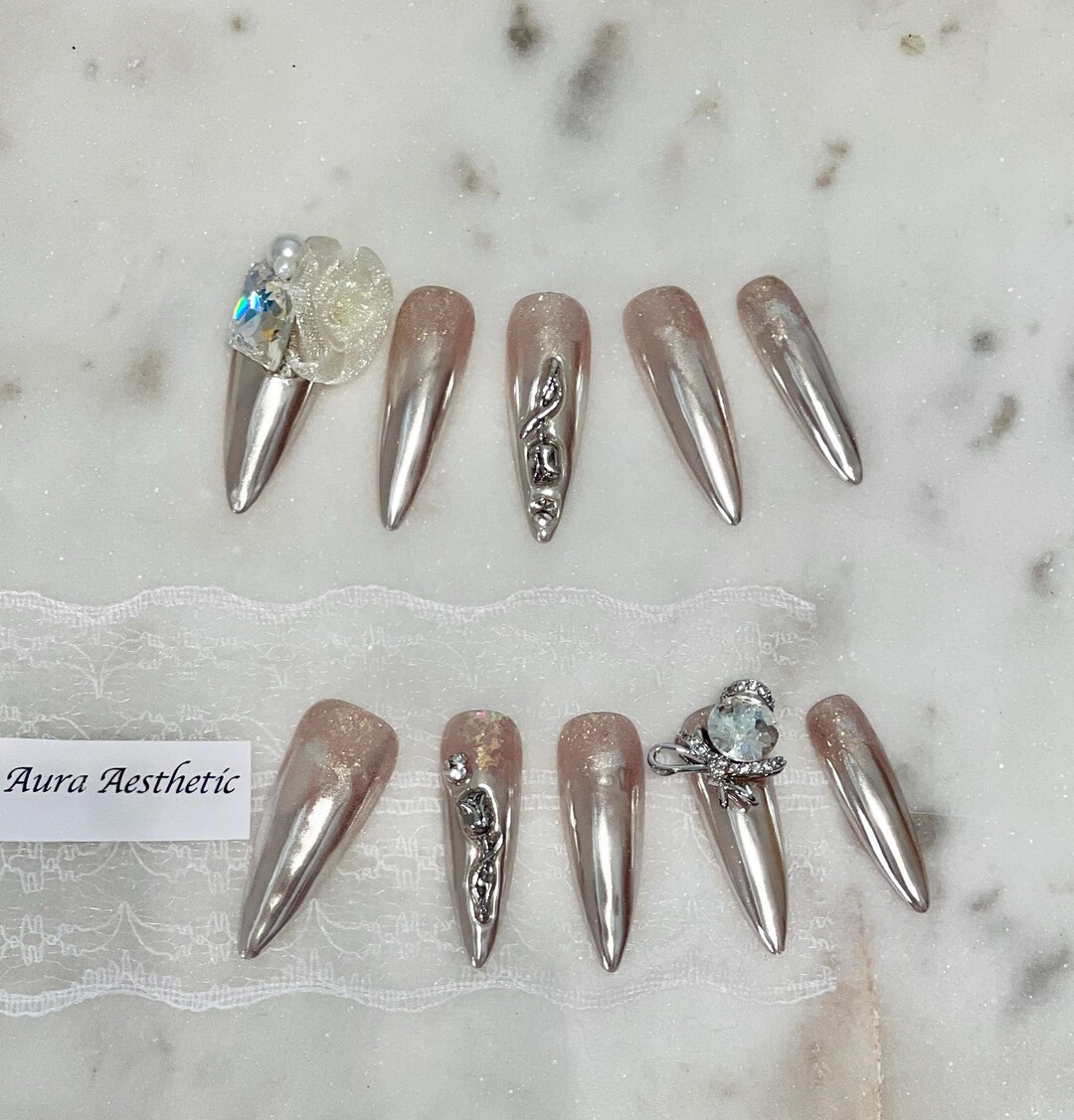 Chrome Silver Press on Nails | 3D Crystal and Rose Accent | Metallic ...