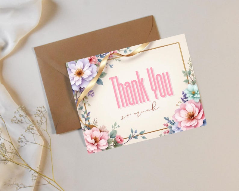 Pastel Floral Thank You Card | Printable Pink Flower Thank You Note ...