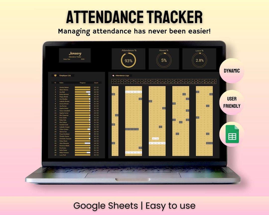 Dynamic Attendance Tracker | Attendance Sheet | Attendance Dashboard ...